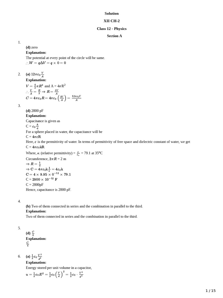 XII CH-2 Assignment Solution | PDF | Capacitance | Capacitor
