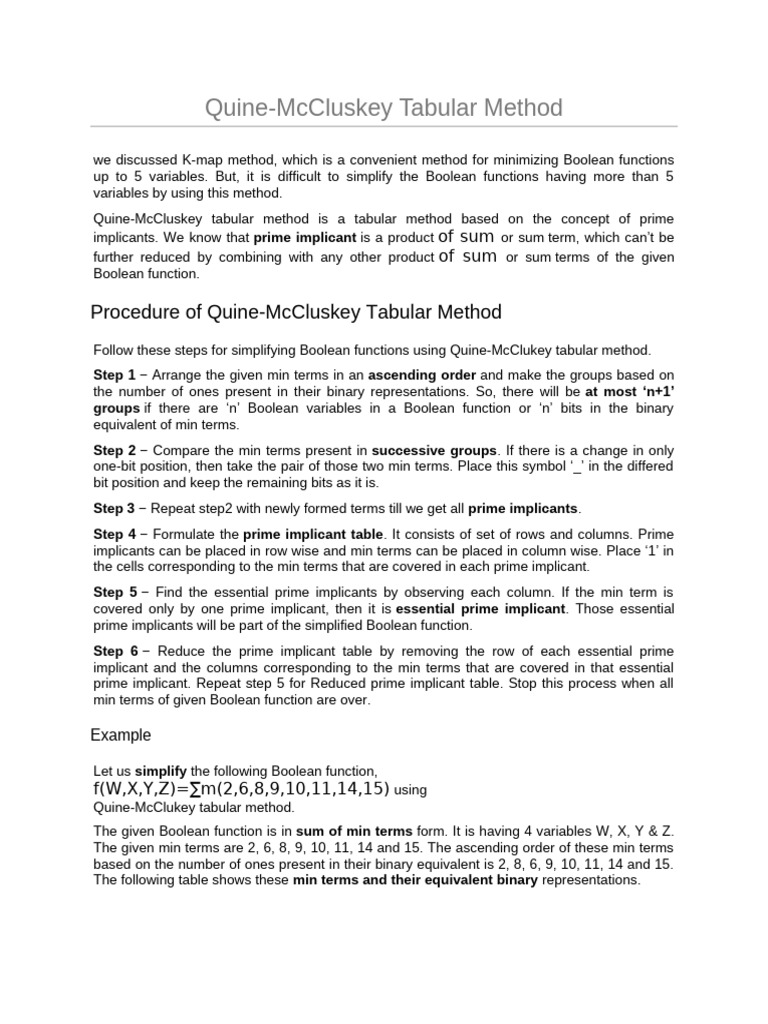 Tabulation Method of Simplification & Other Gates Notes | PDF | Logic ...