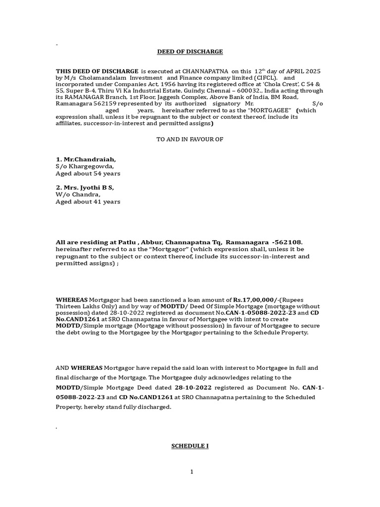 Chandraiah Discharge Deed | PDF | Mortgage Law | Demand For Money
