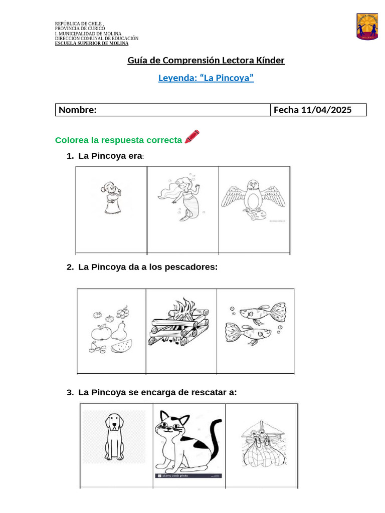 Guía de Comprensión: La Pincoya para Kínder | PDF