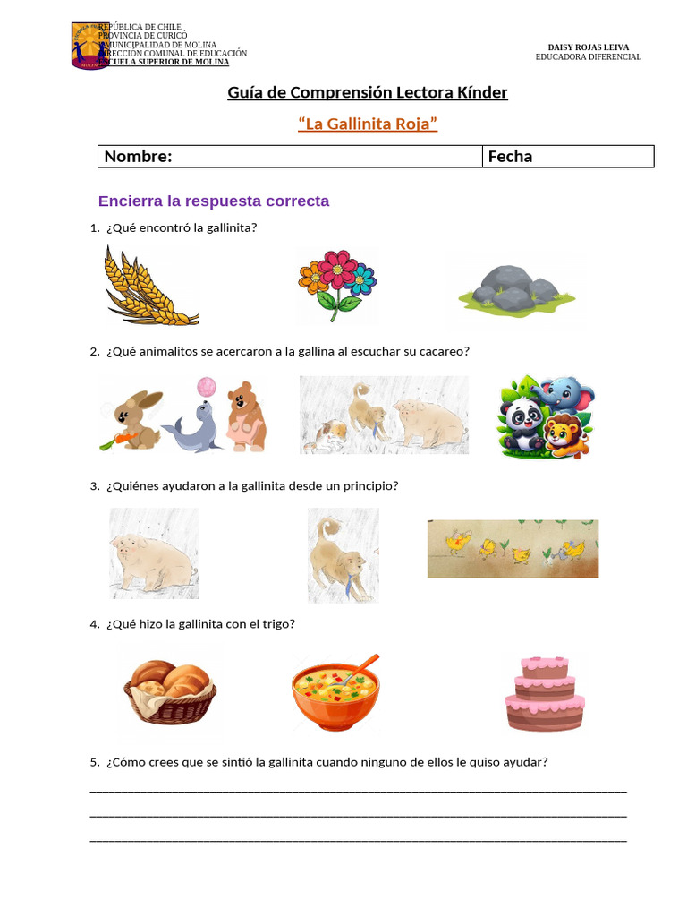Guía de Comprensión Lectora Kínder La Gallinita Roja | PDF