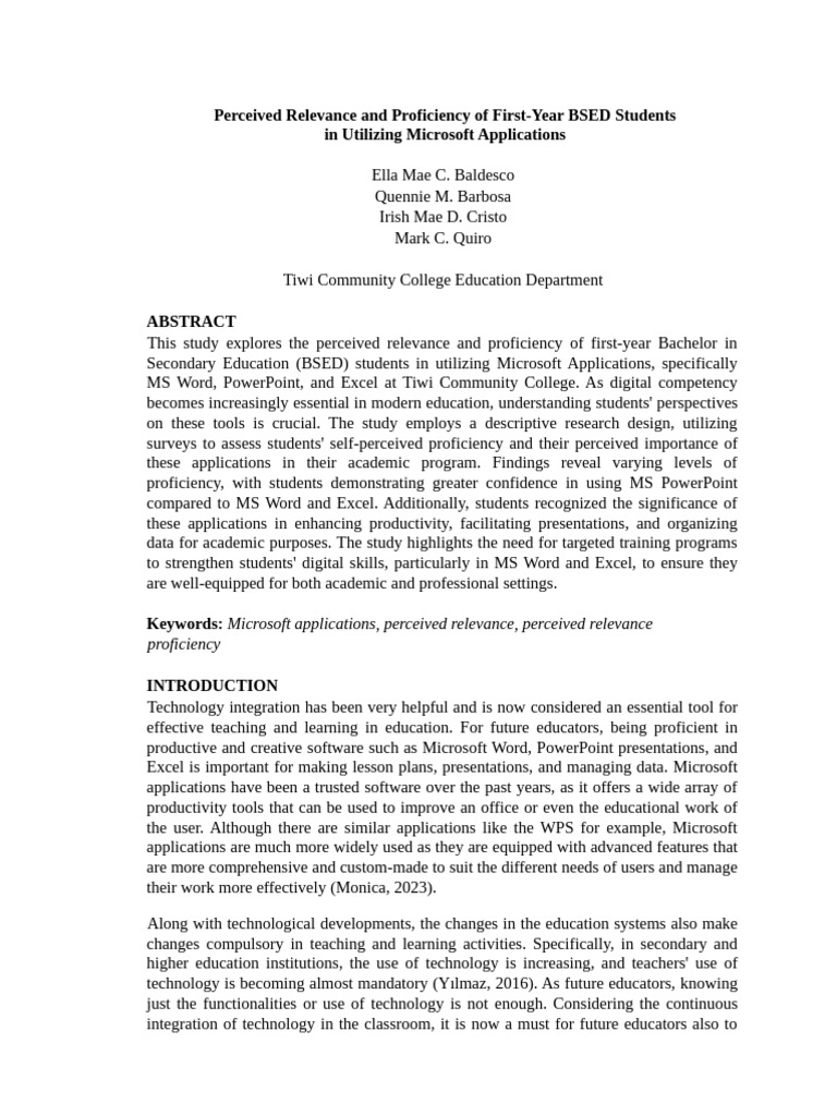 Group 2 - Perceived Relevance and Proficiency in Microsoft Applications ...
