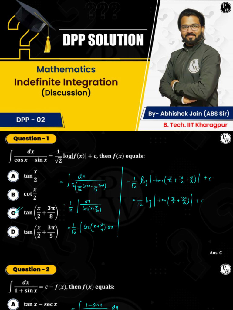 Indefinite Integration - DPP 02 Solution Notes - Lakshya JEE 2025 | PDF