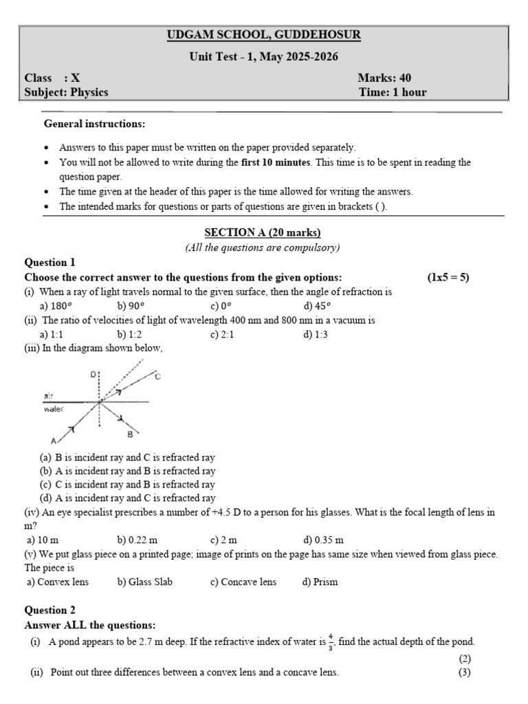 Class 10 Physics Unit Test 1 | PDF | Light | Optics