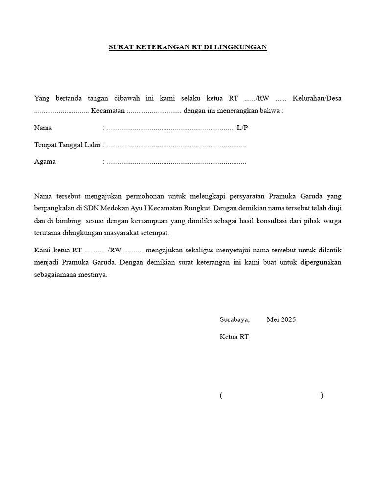 Surat Keterangan RT Di Lingkungan Ma 1 | PDF