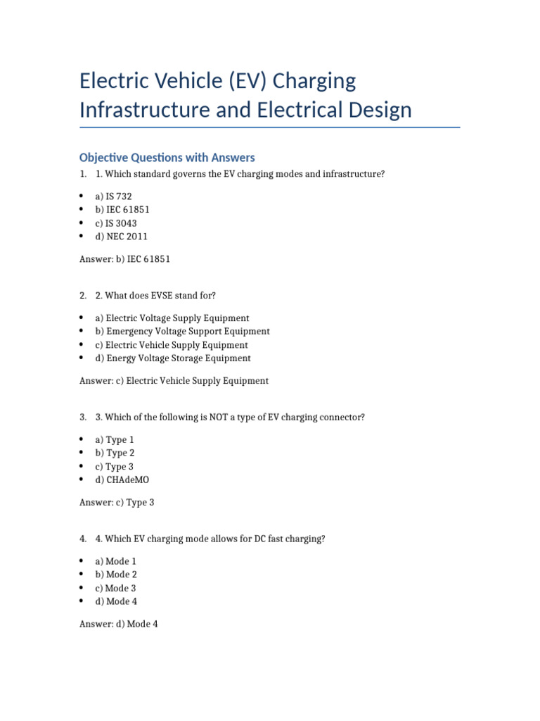 EV Charging Standards and Infrastructure MCQs | PDF