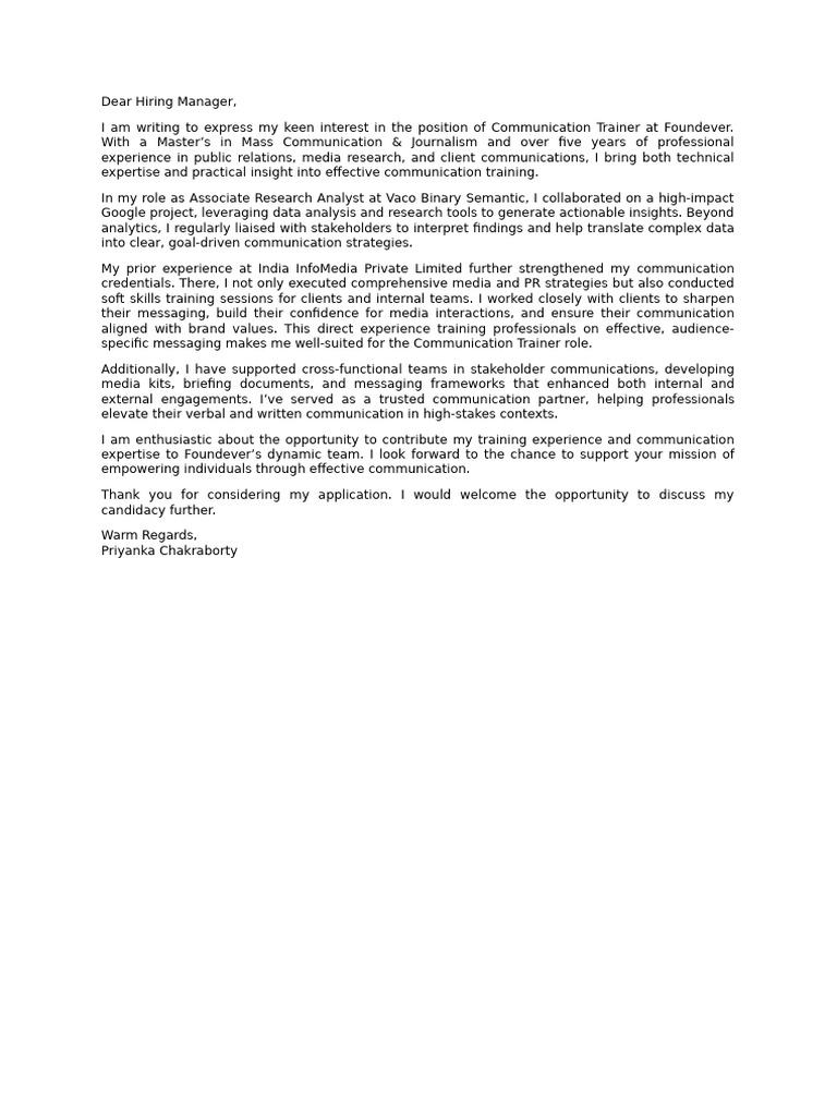 Corporate Trainer Cover Letter | PDF