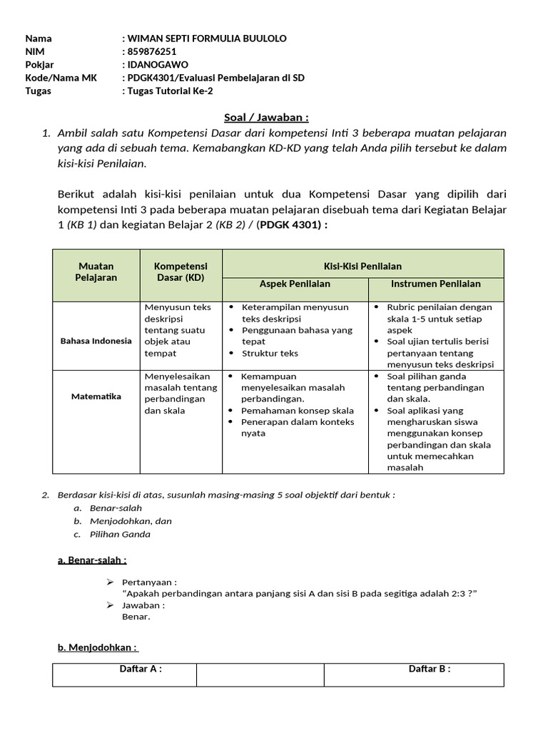 Tugas Tutorial 2 Evaluasi Pembelajaran Di SD | PDF