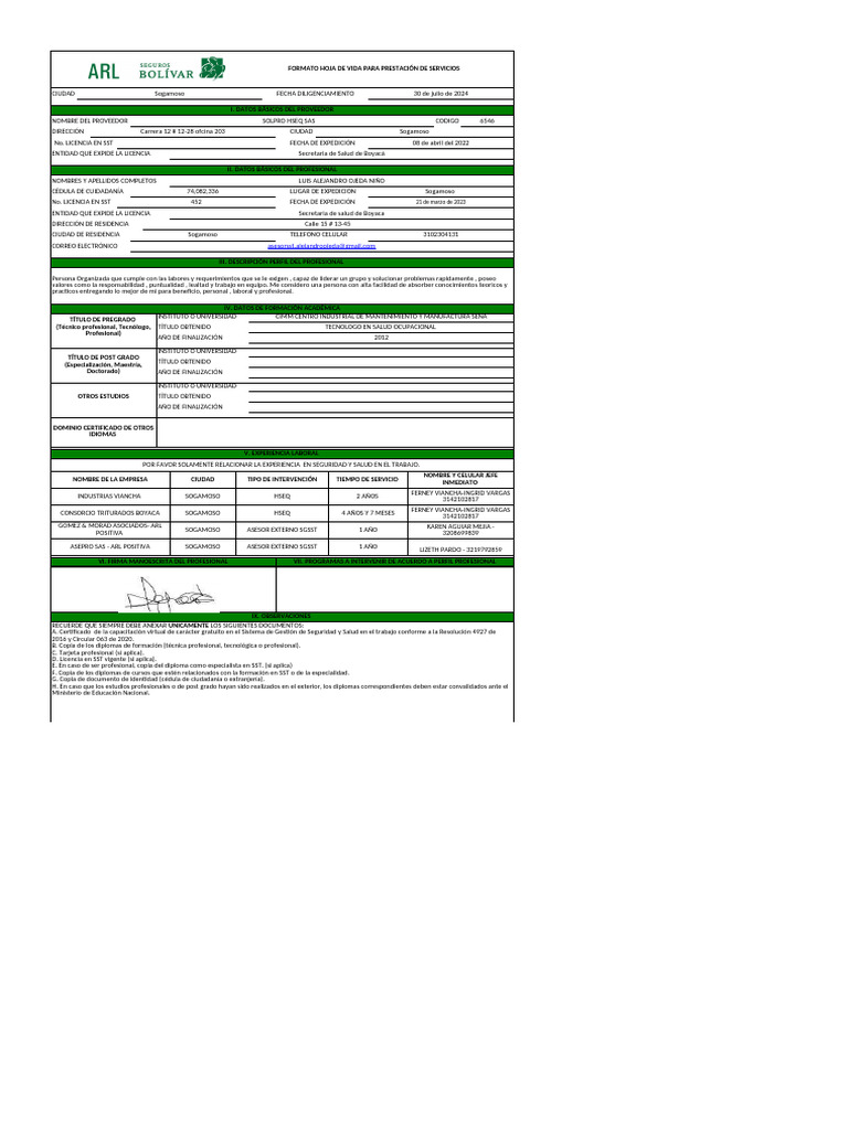 Formato HV Arl Seguros Bolívar Alejandro Ojeda 2 | PDF | Diploma