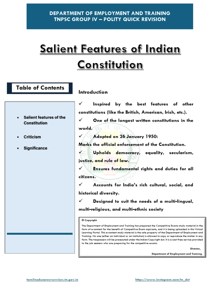 Salient Features of the Constitution_Govt( English) Mindmap | PDF | Constitution | Citizenship