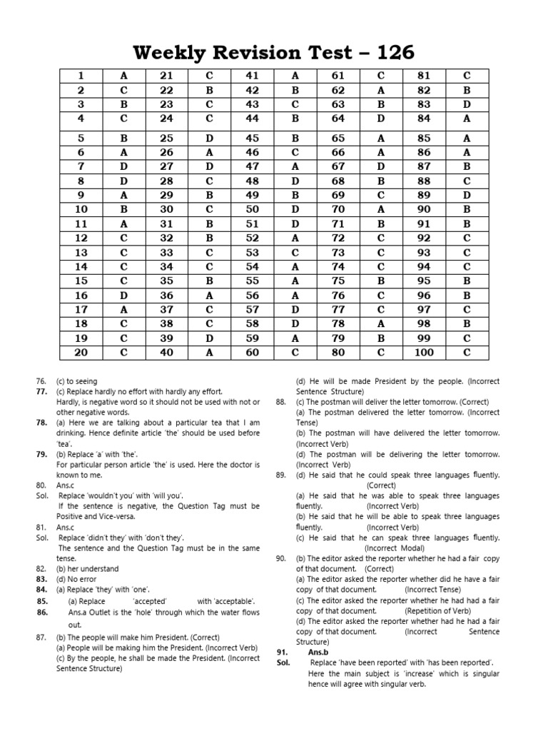 Week Revision Test - 126 Answer Key | PDF | Verb | Language Families