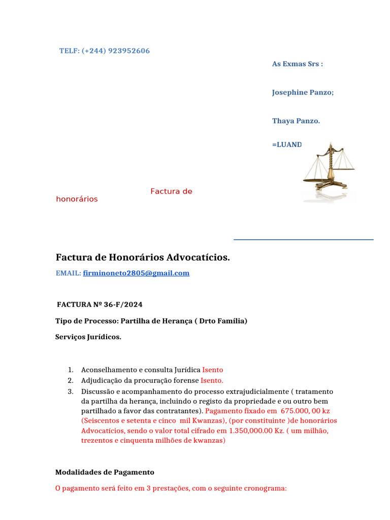 Factura de Honorários Advocatícios Angola | PDF