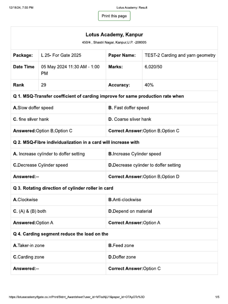 TEST-2 Carding and Yarn Geometry | PDF