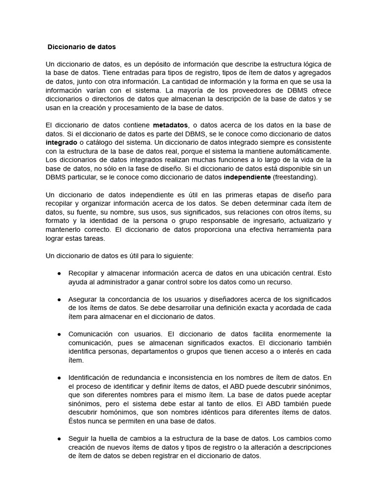 Diccionario de Datos | PDF | SQL | Bases de datos