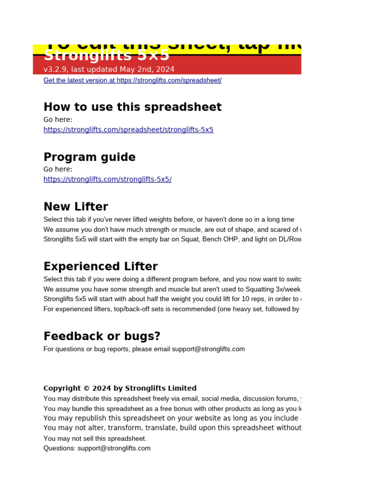Stronglifts 5x5 Workout Spreadsheet | PDF | Physical Exercise ...