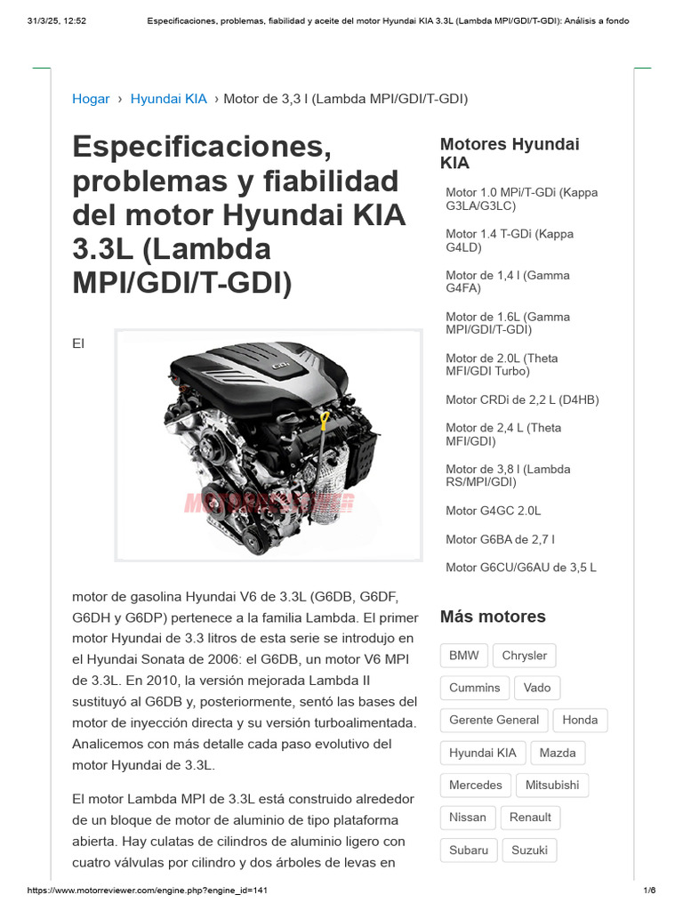 Especificaciones, Problemas, Fiabilidad y Aceite Del Motor Hyundai KIA 3.3L (Lambda MPI - GDI ...