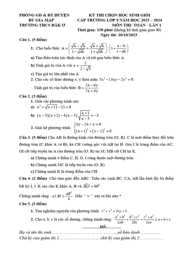 De Thi HSG Toan 9 Lan 1 Nam 2023 2024 Truong Thcs Dak o Binh Phuoc | PDF