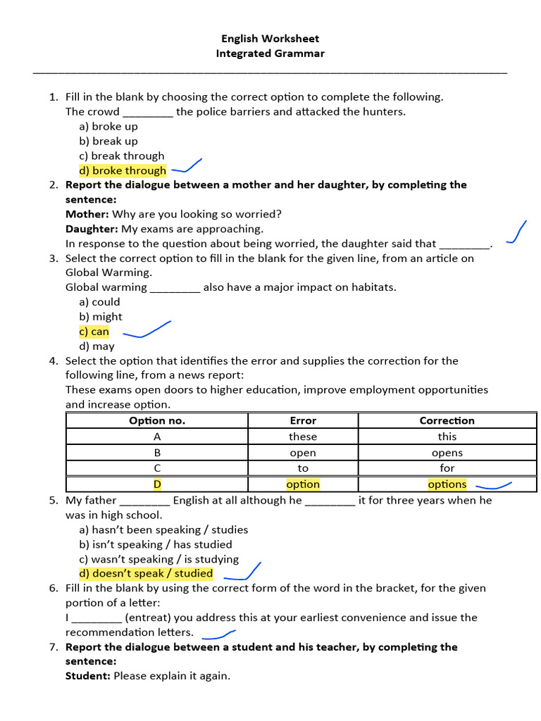 Grammar Worksheet Integrated Grammar 1 | PDF