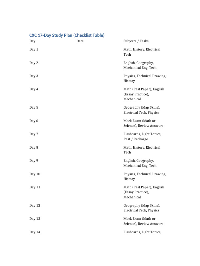 CXC 17 Day Study Plan | PDF