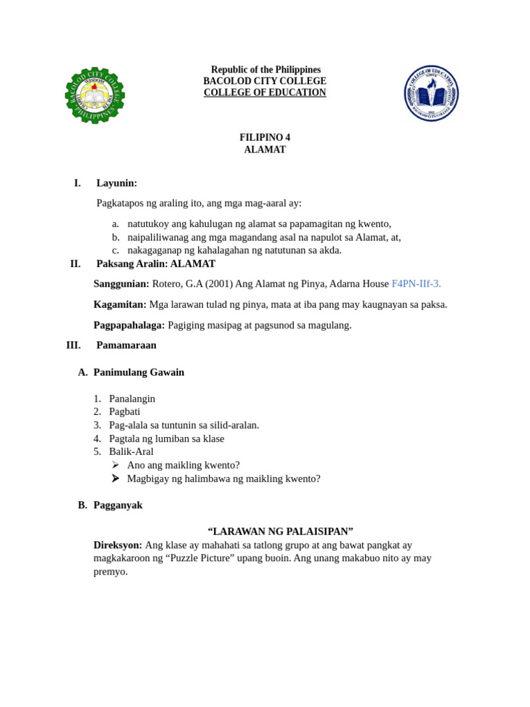Alamat Lessonplan in Filipino 4 | PDF