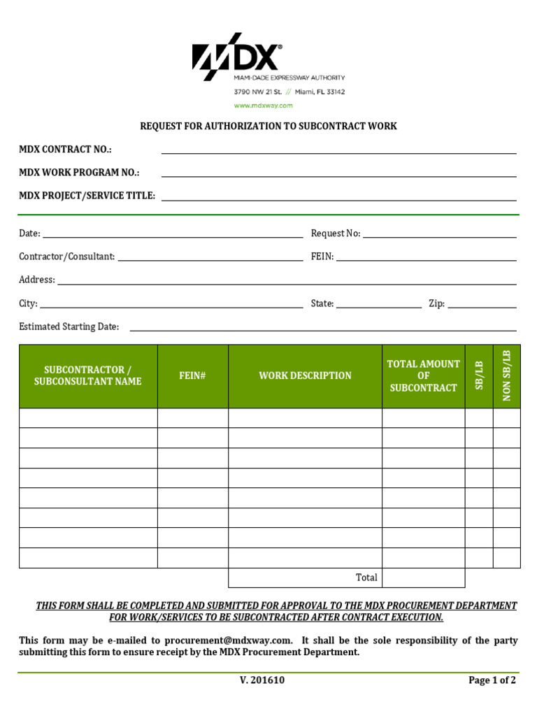 Request For Authorization To Subcontract Work | PDF | Subcontractor ...