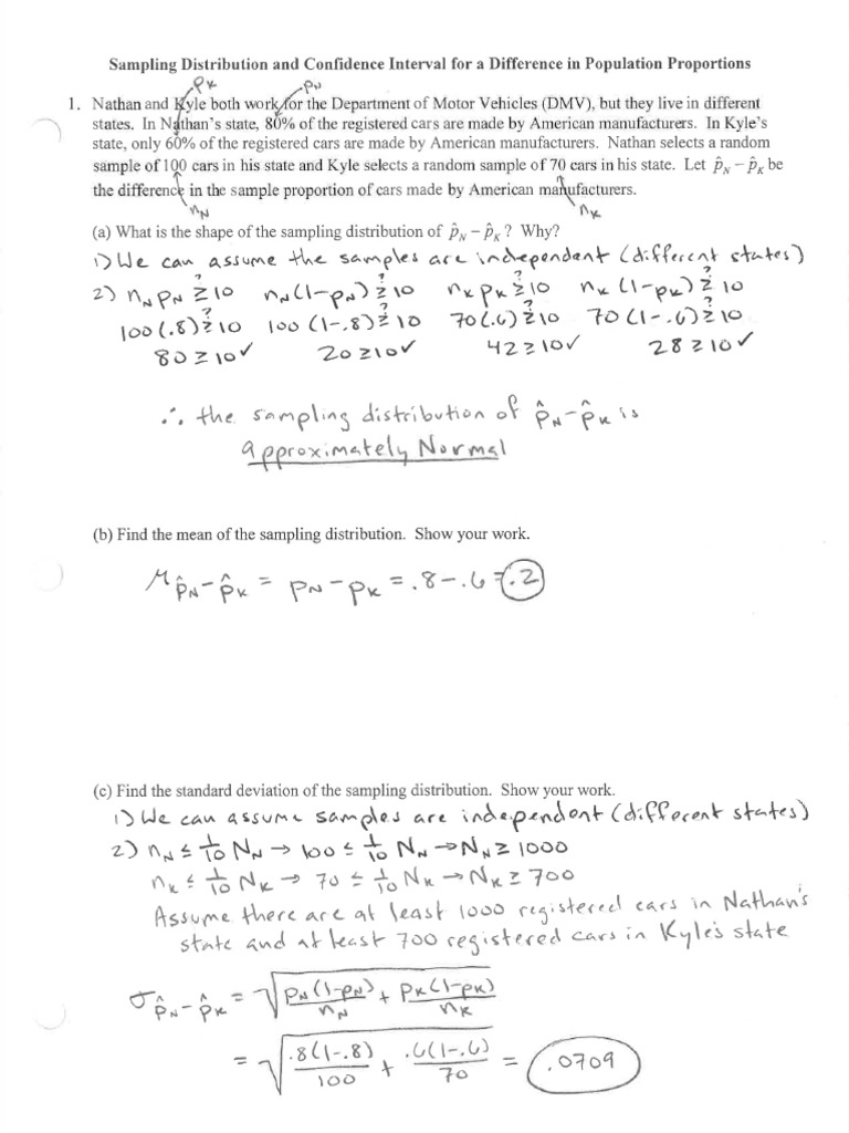 Diff in Proportions Worksheet 1 Solutions | PDF