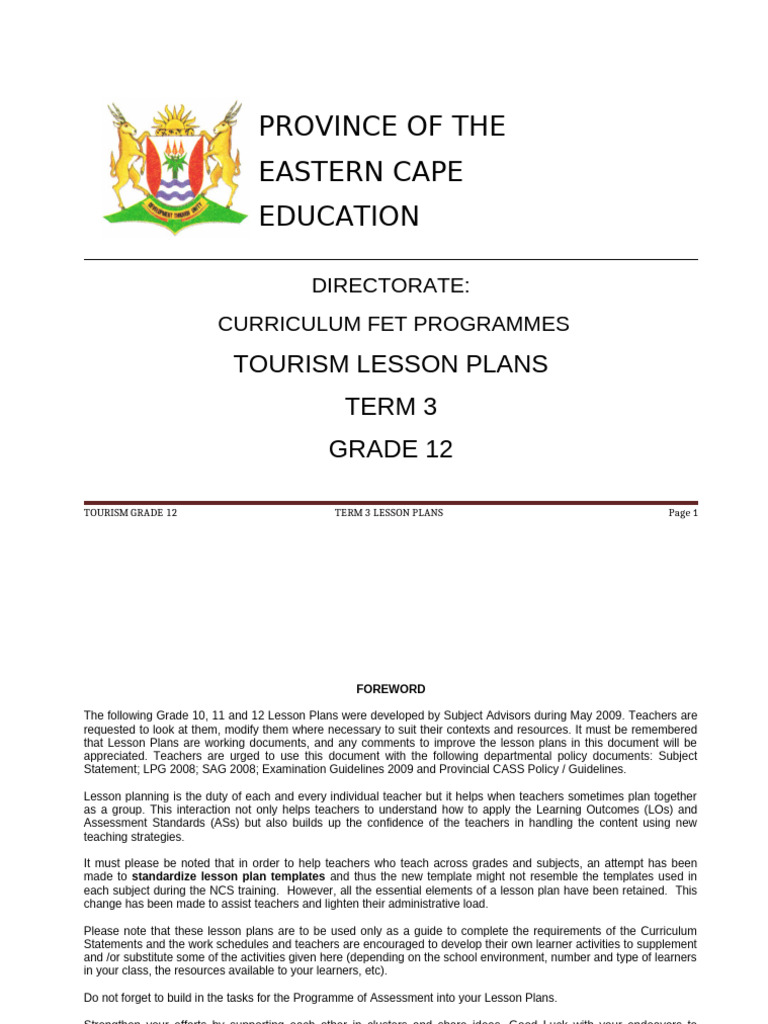 LP Term 3 GR 12 Tourism | PDF | Tourism | Lesson Plan