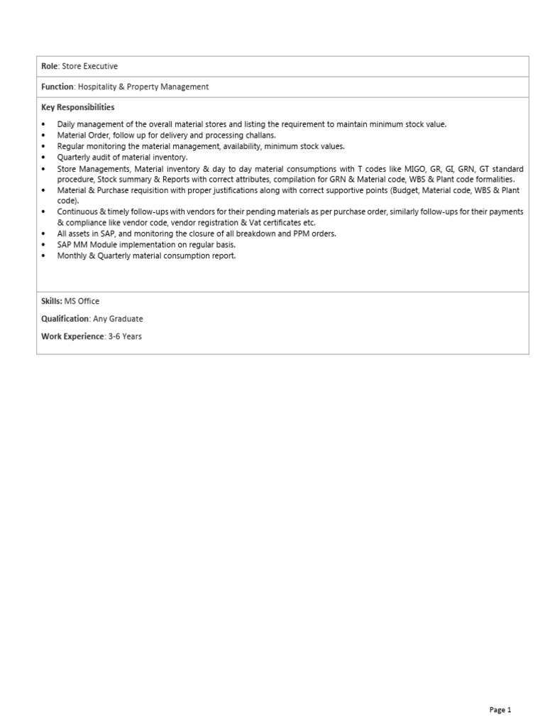 Store Executive Job Responsibilities | PDF