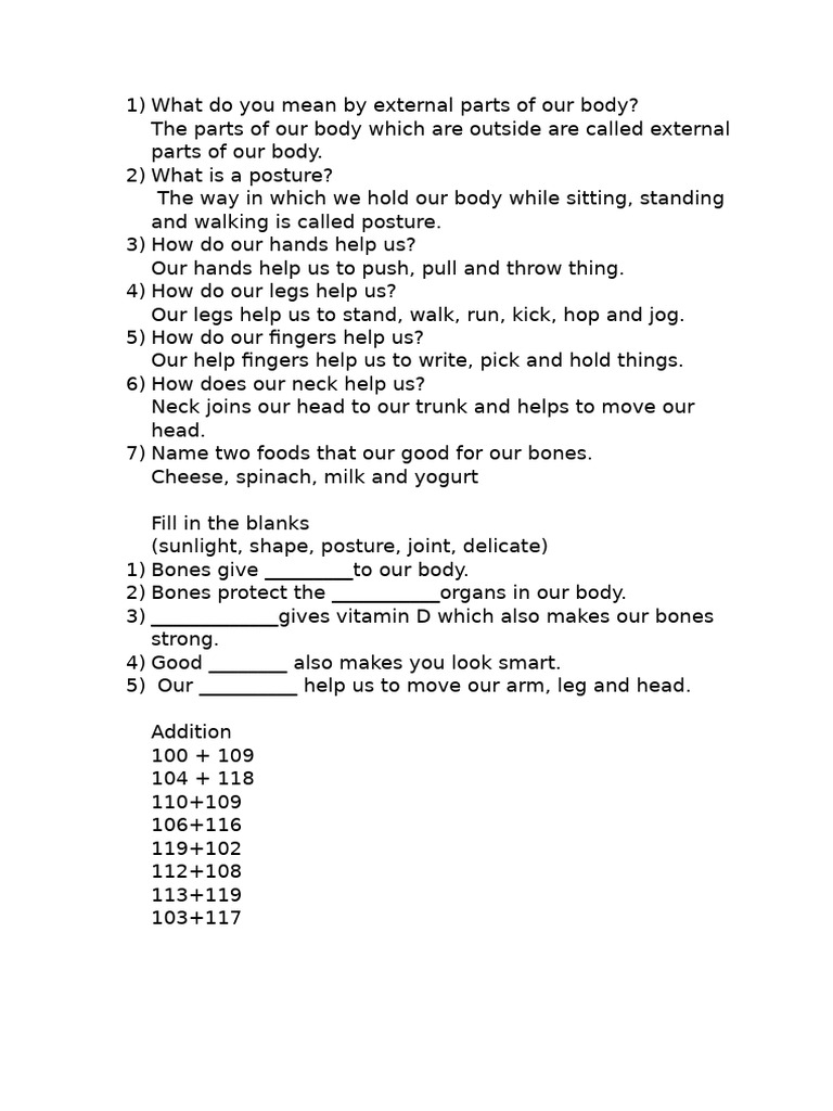 My Body Woeksheet Standard 2 | PDF