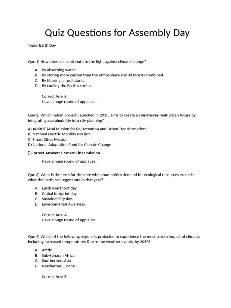 Quiz Questions For Assembly Day | PDF