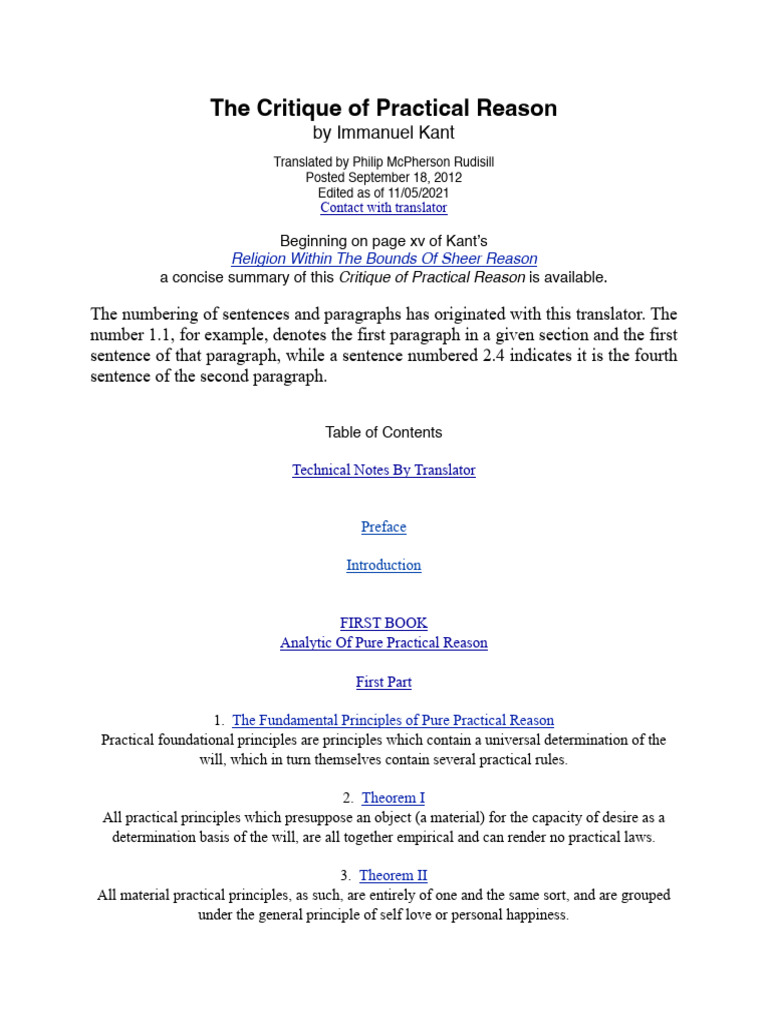 Critique of Practical Reason | PDF | Critique Of Practical Reason | Reason