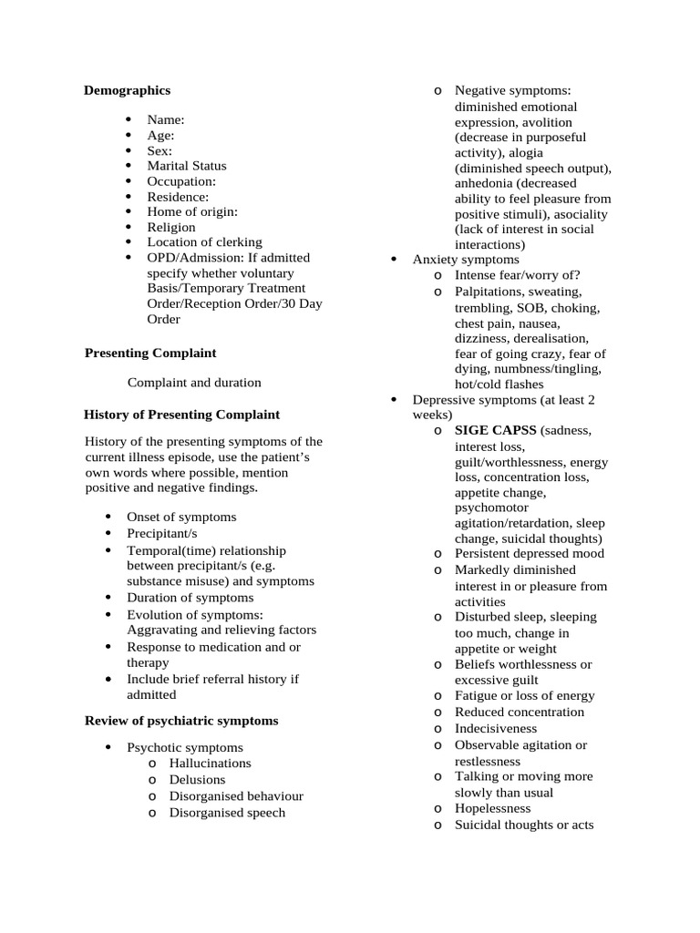 Psychiatric History Taking Sheet For Students | PDF | Mental Disorder ...