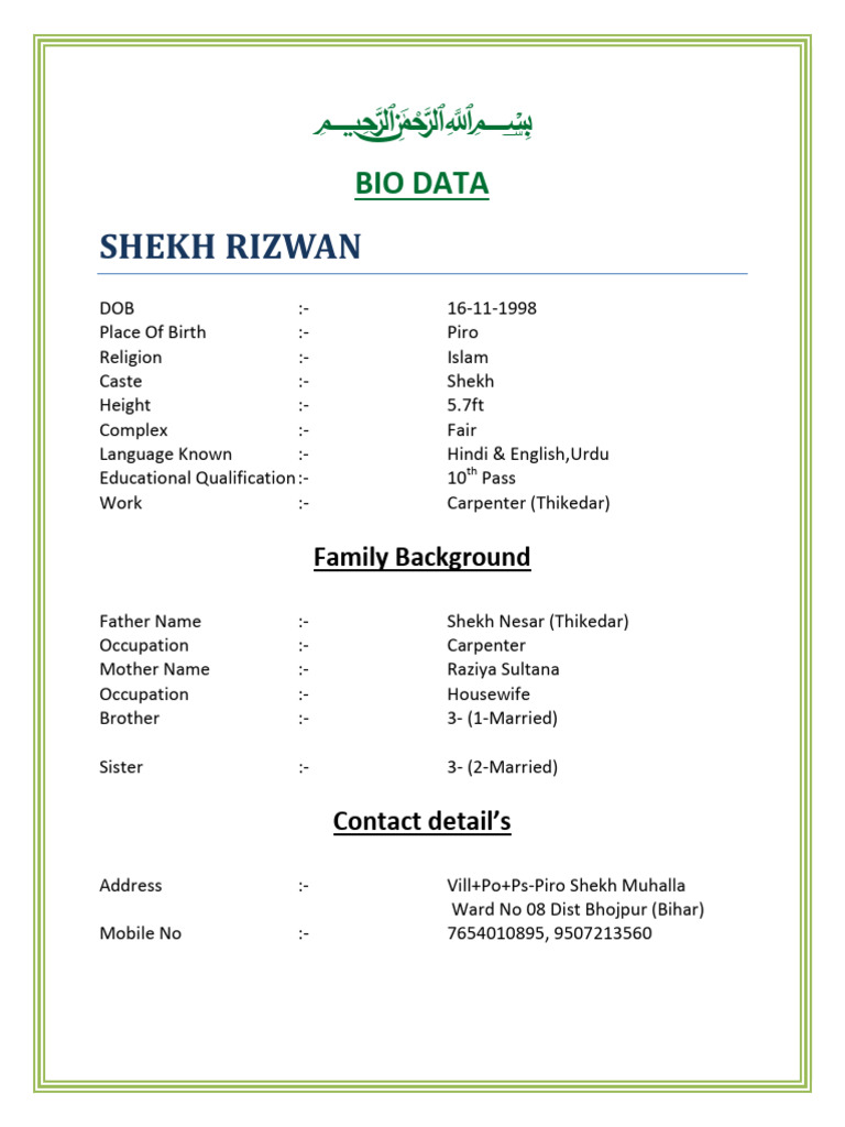 Shekh Rizwan Bio Data | PDF