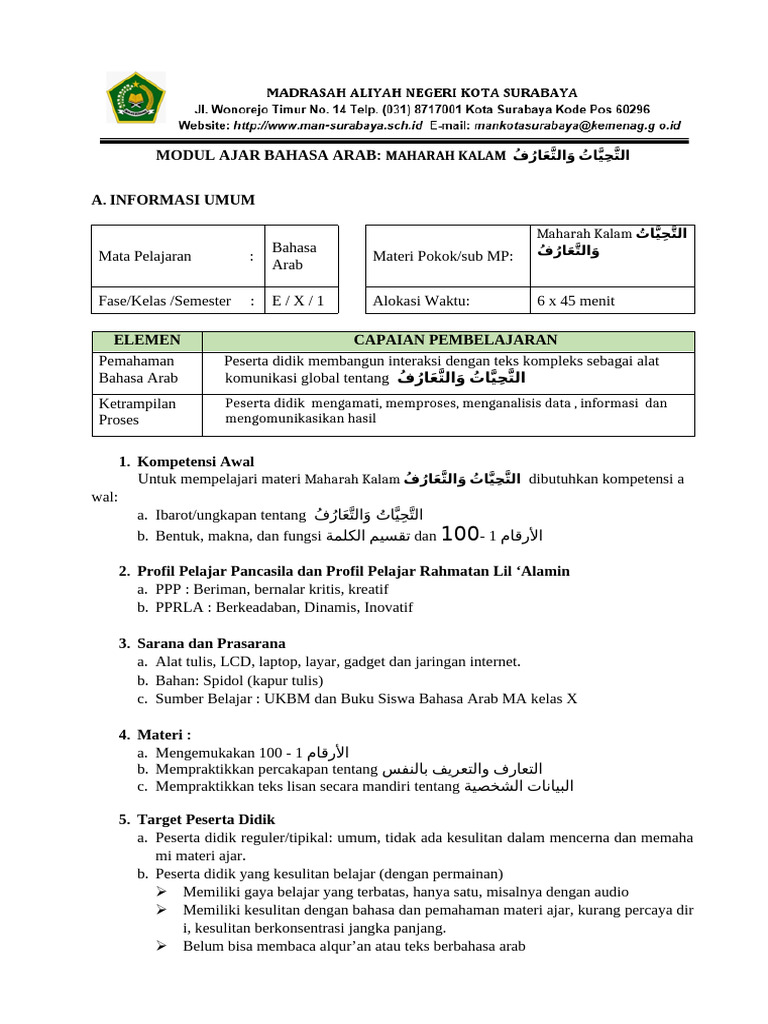 1.5 KALAM Bahasa Arab Template Modul Ajar (RPP) MAN Sby | PDF