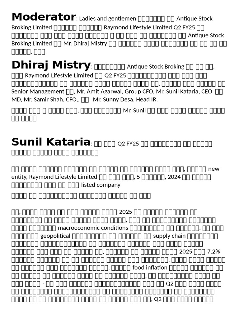 Raymond Lifestyle Nov 2024 Concall Script | PDF