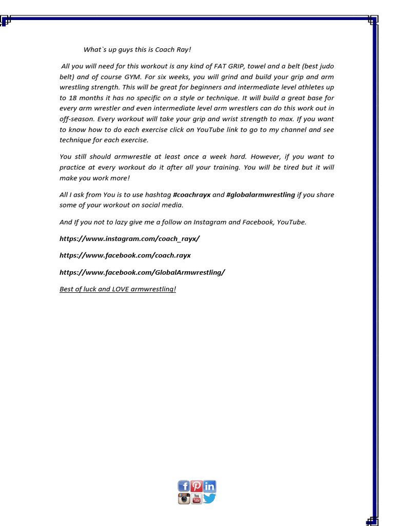 Arm Wrestling Workout Plan by Coach Ray | PDF | Anatomical Terms Of ...