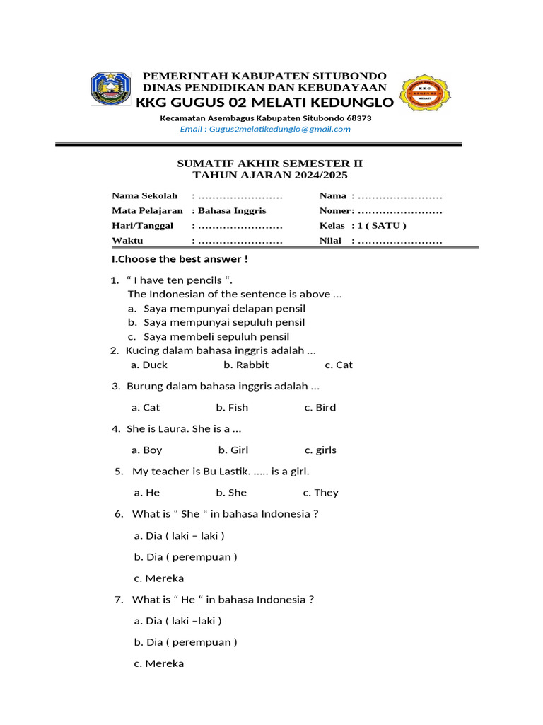 SAS SMT 2 KLS 1 BHS INGGRIS | PDF