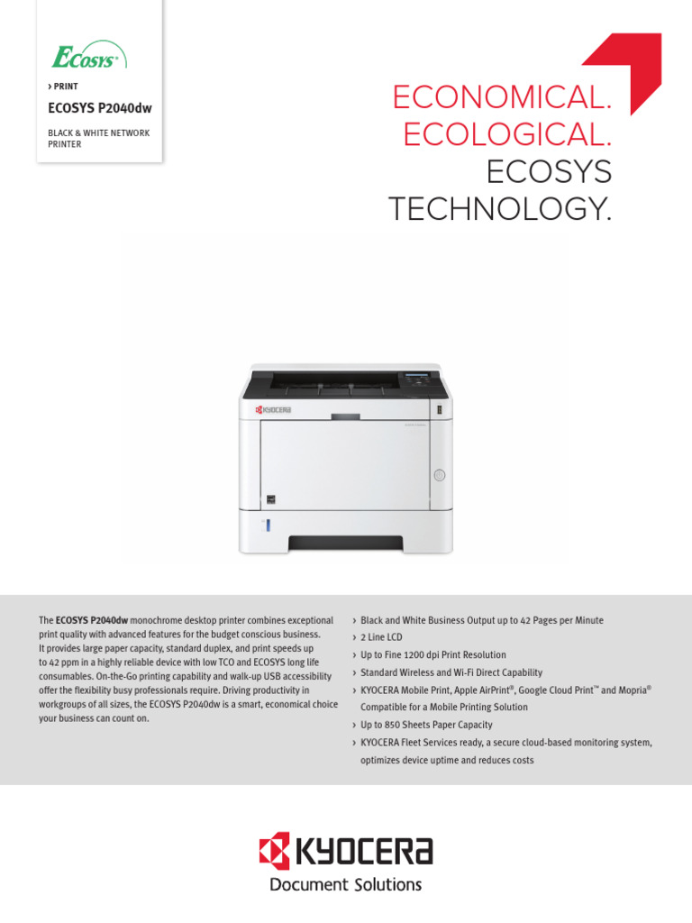 ECOSYS P2040dw Spec Sheet V2 | PDF | Printer (Computing) | Computer Architecture