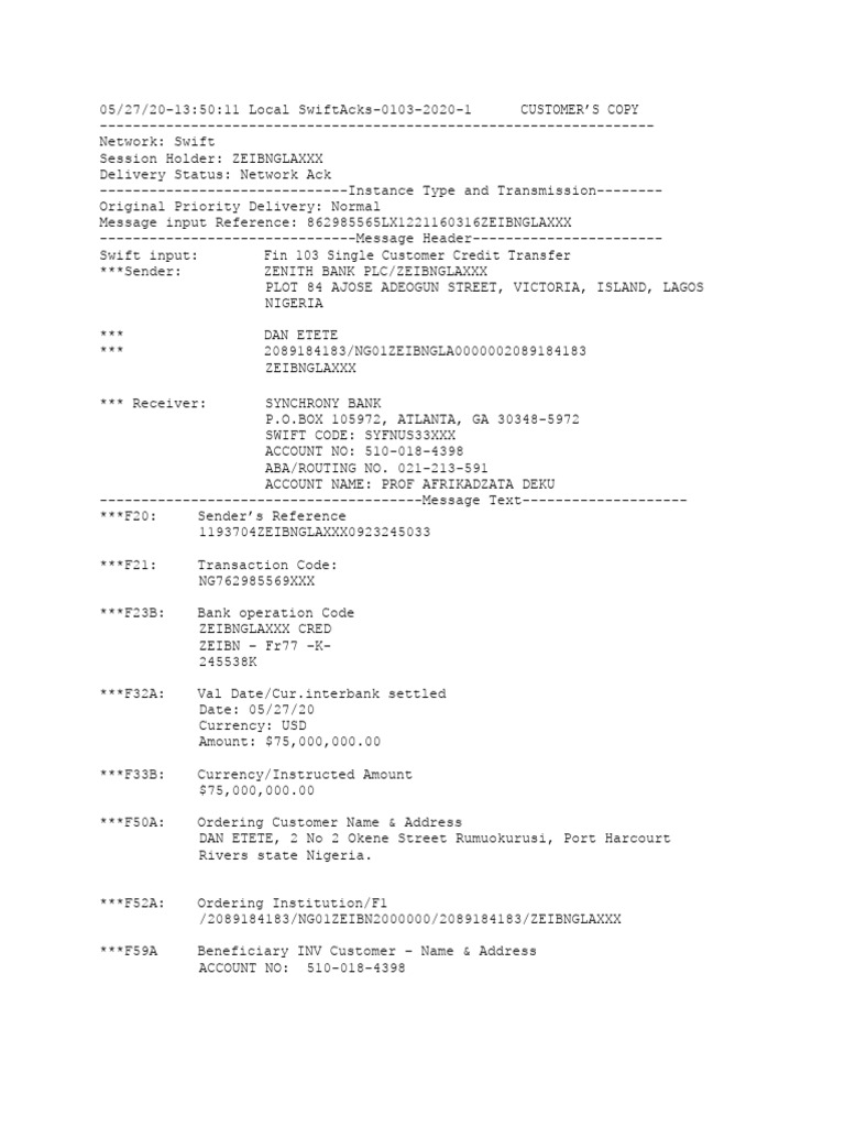 Zenith Bank SWIFT Code Details | PDF | Banking | Service Industries