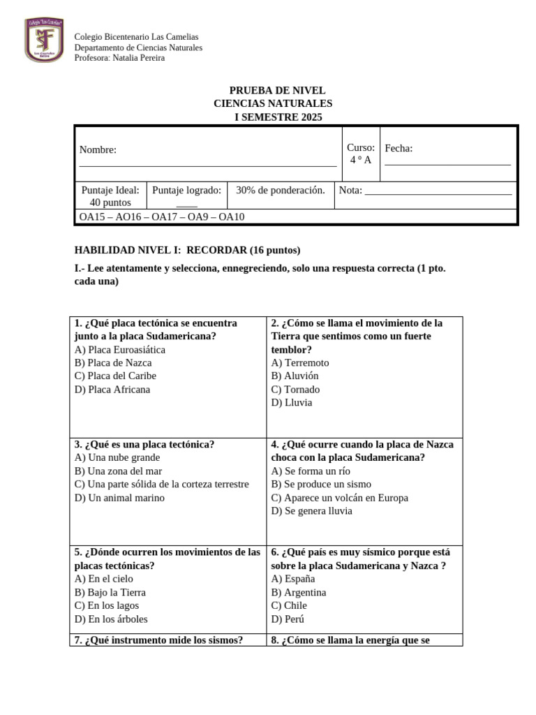 Prueba de Nivel CS 4a | PDF | Temblores | Tsunami