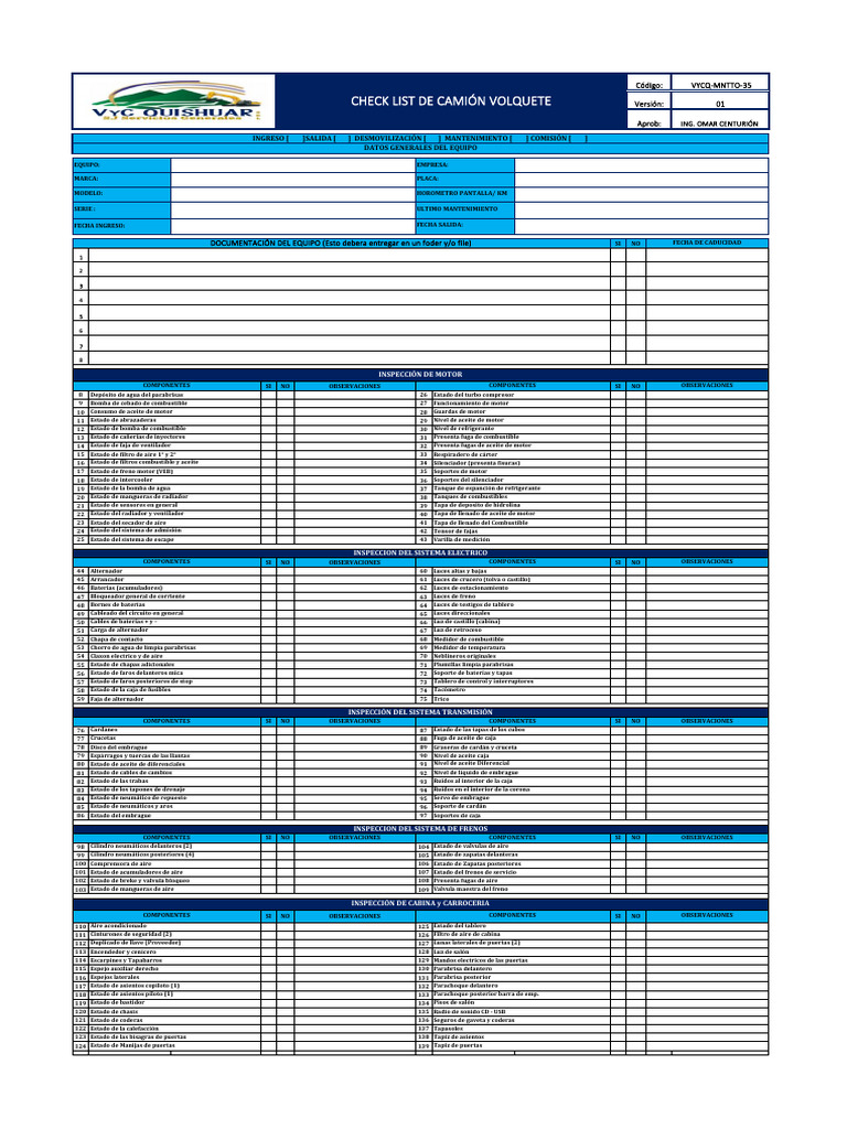 Check List Volquete Vycq 2025 | PDF | Ingeniería mecánica | Tecnología ...