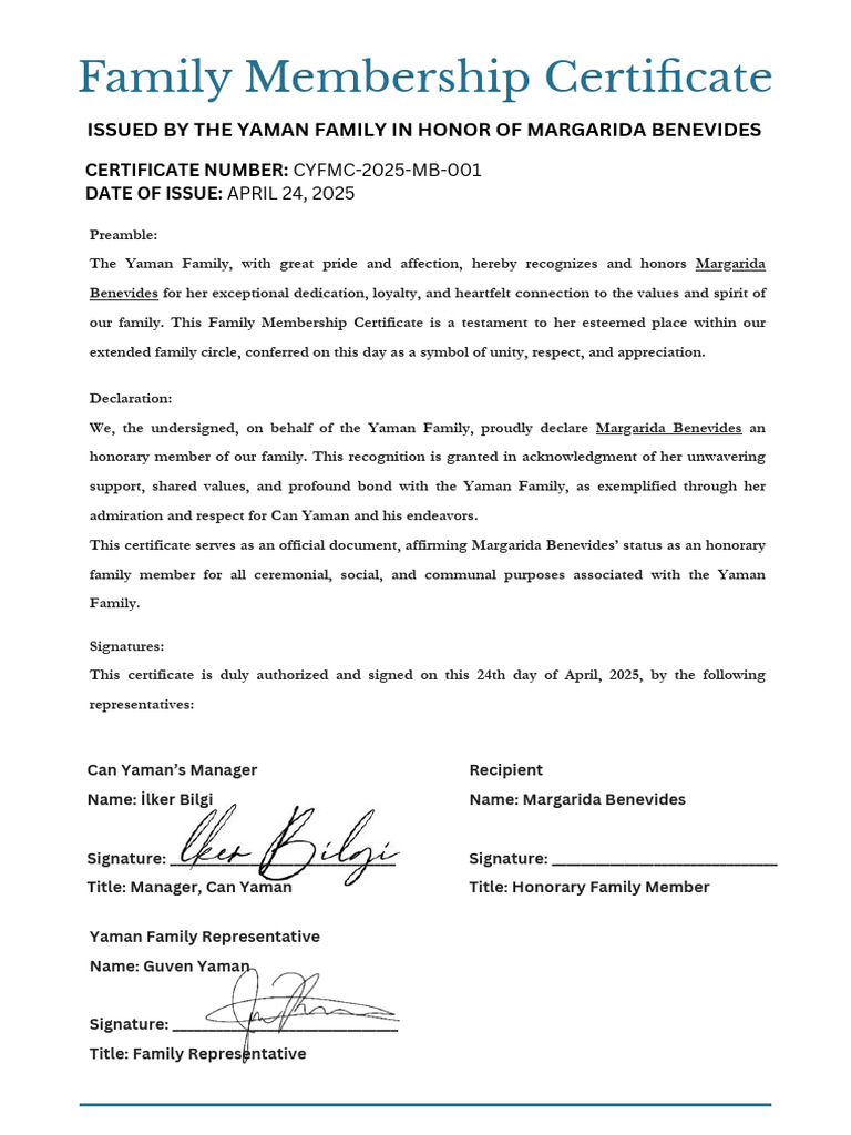 Can Yaman's Family Membership Certificate - 20250424 - 192821 - 0000 | PDF