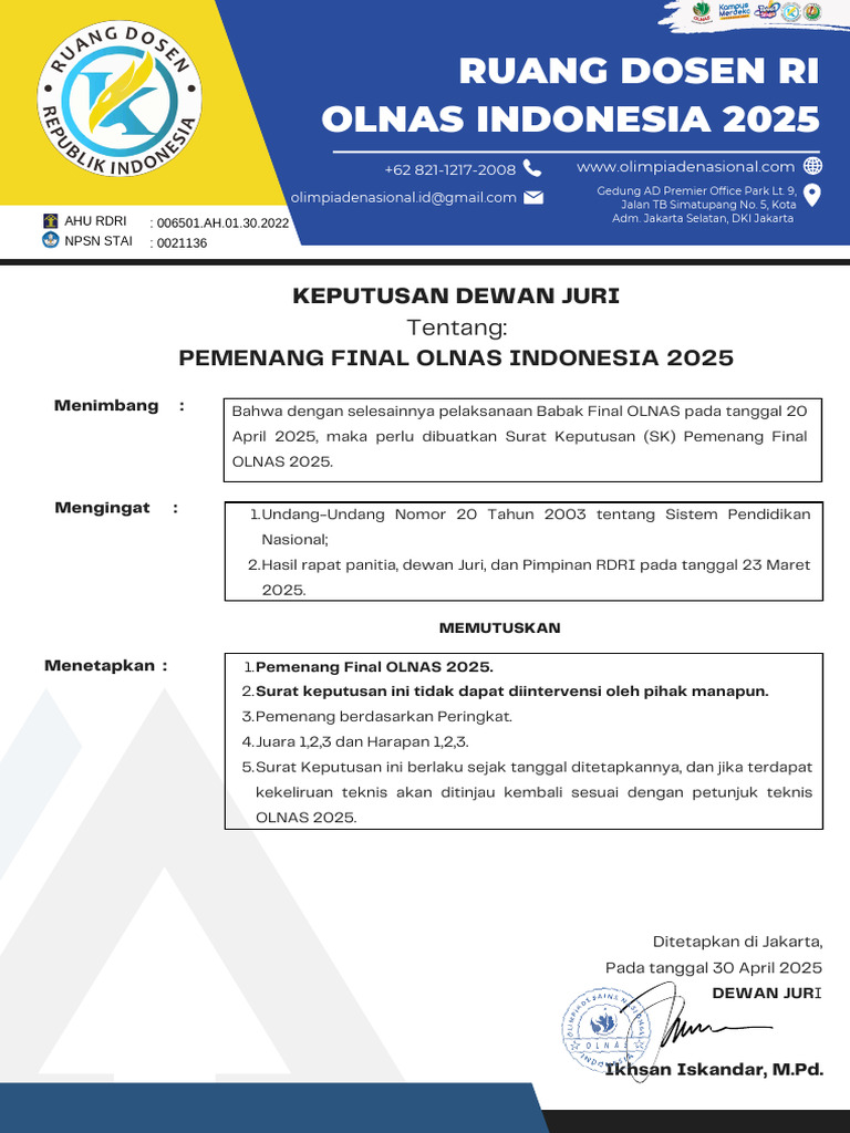 Surat Keputusan Pemenang Final OLNAS 2025 | PDF