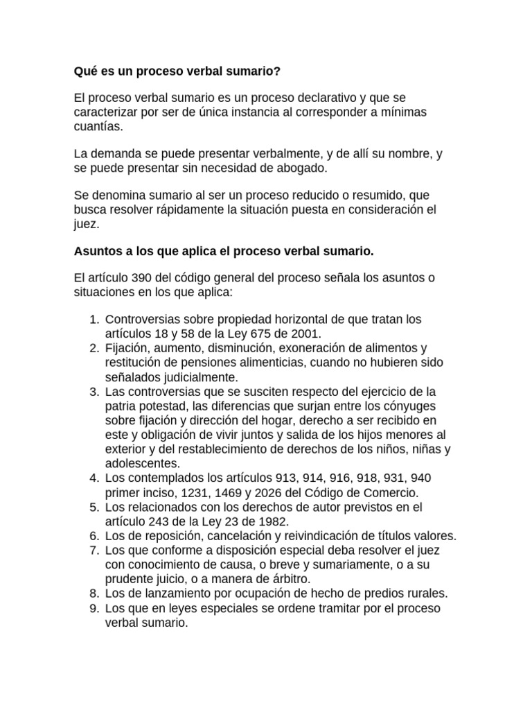 Proceso Verbal Sumario: Definición y Características | PDF | Demanda ...