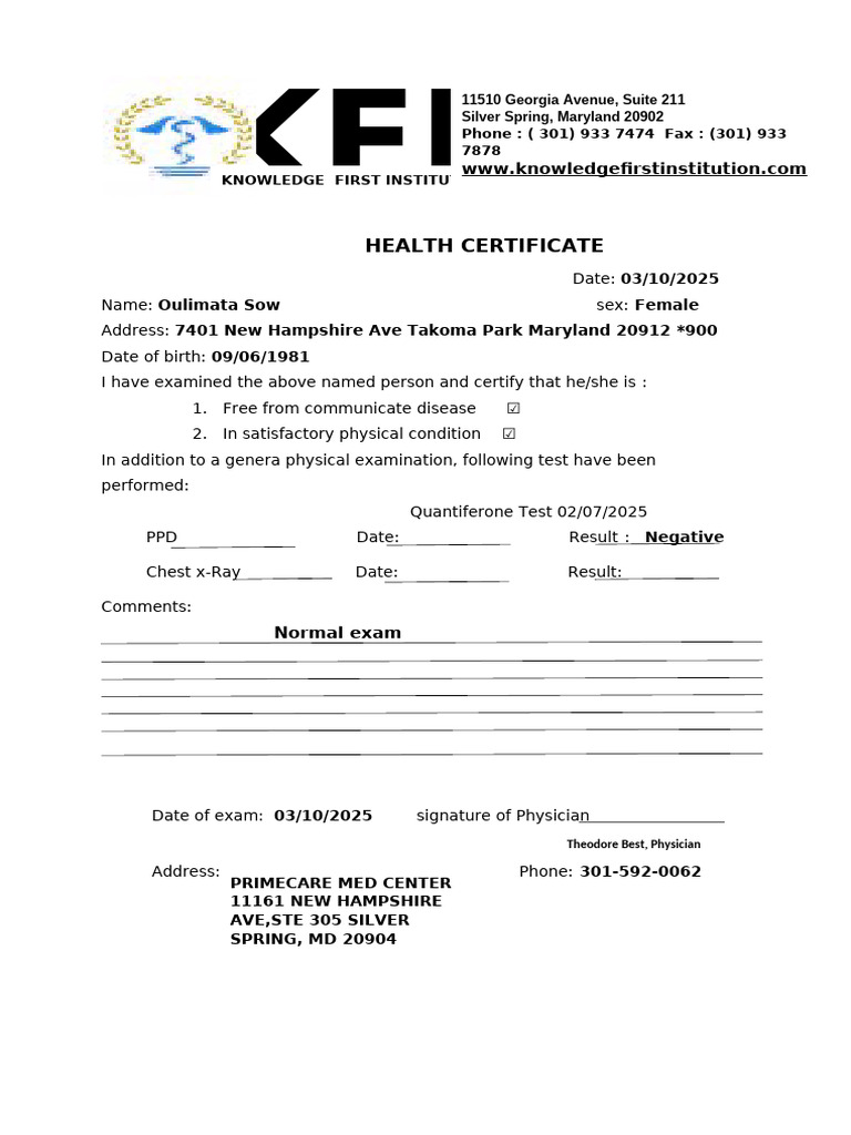 HEALTH CERTIFICATE D | PDF
