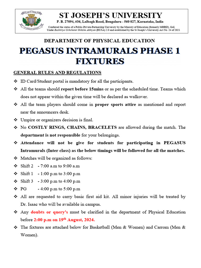 Revised Pegasus Fixtures - Basketball & Carrom-1 | PDF | Sports