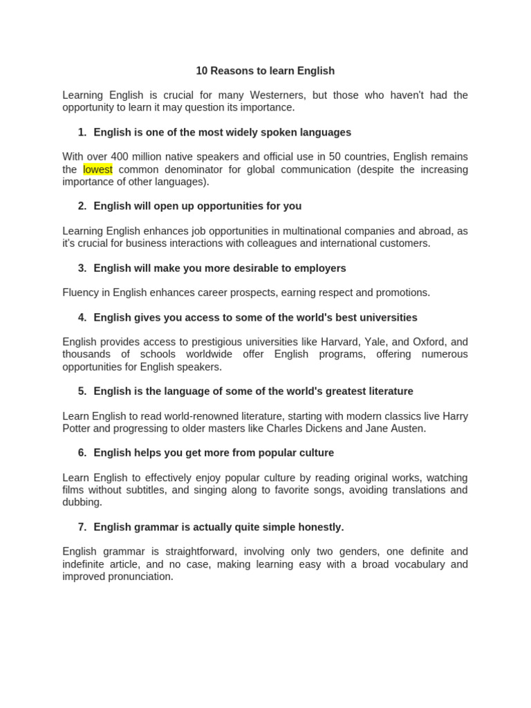 10 Reasons To Learn English | PDF