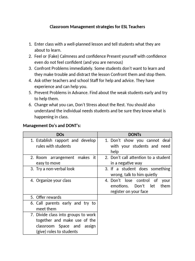 Classroom Management Strategies For ESL Teachers | PDF
