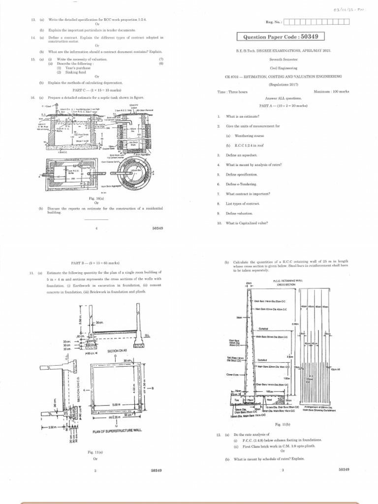 Estimation Costing and Valuation Engineering - CE8701 2017 Regulation - Question Paper 2023 ...