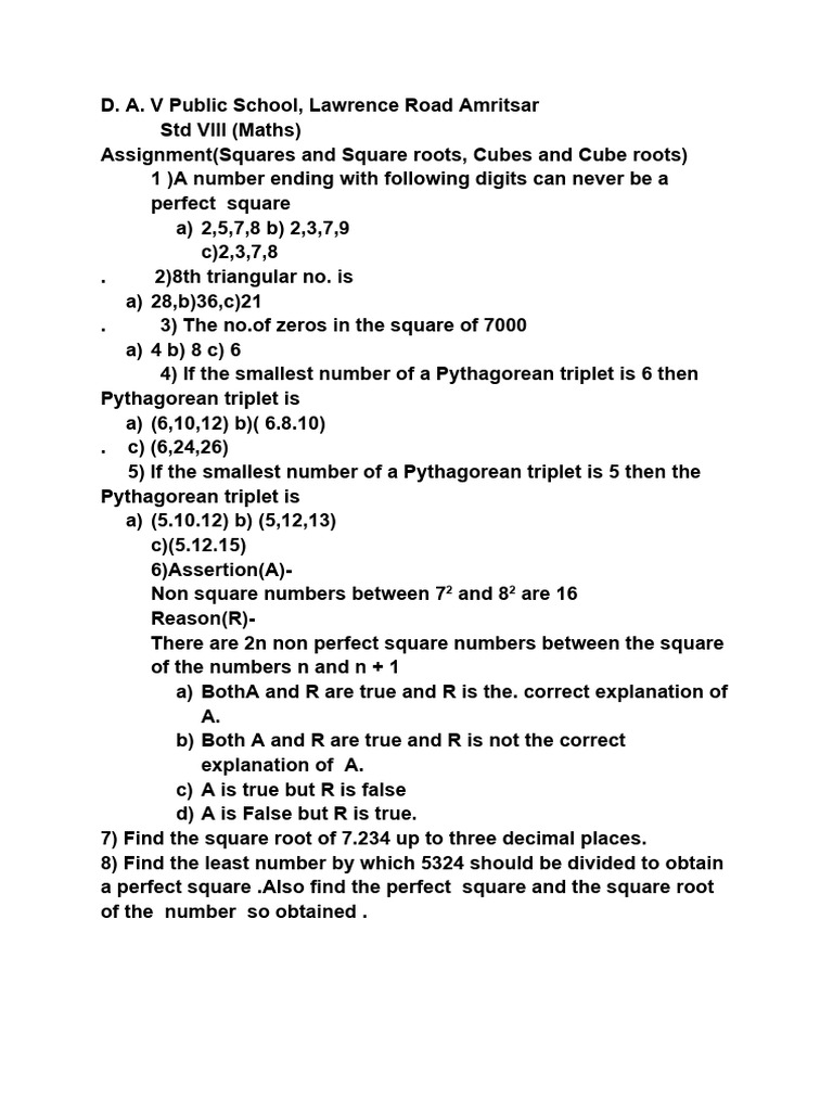 Assignment (Square Root Ancd Cube Root) | PDF | Numbers | Arithmetic